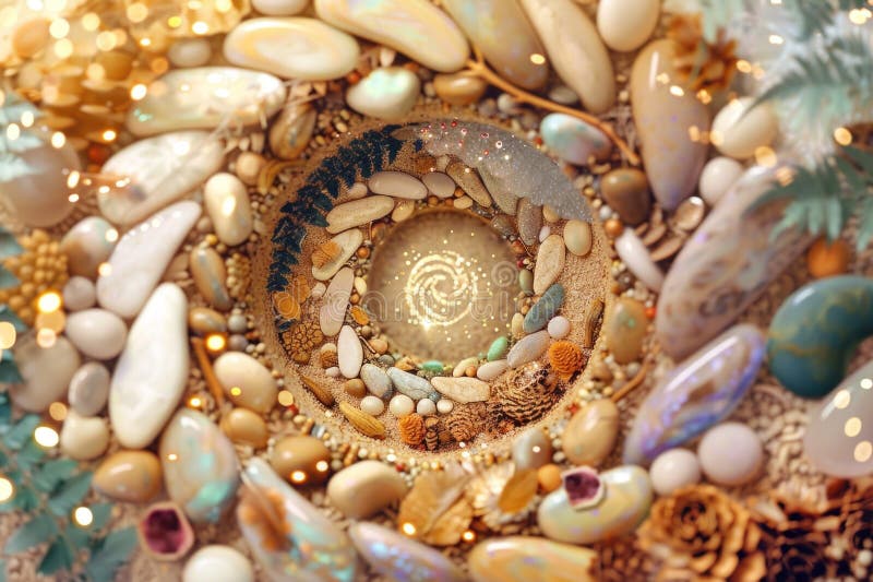 Spiral Arrangement of Seashells and Pebbles with Glowing Center and ...