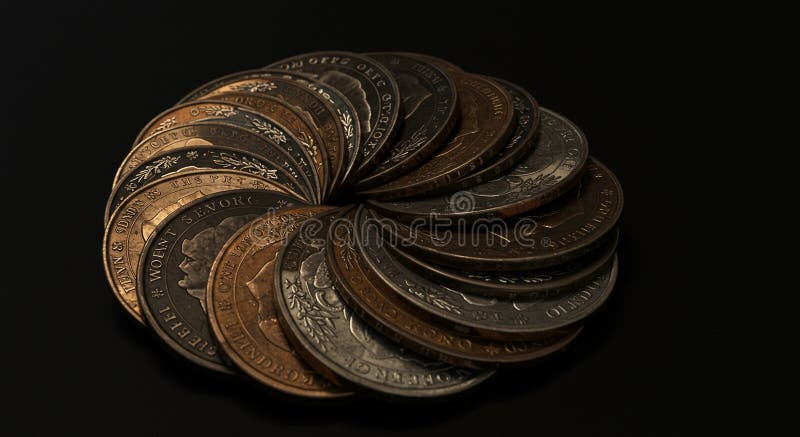 A Spiral Arrangement of Various Coins Forms a Circular Pattern on a ...