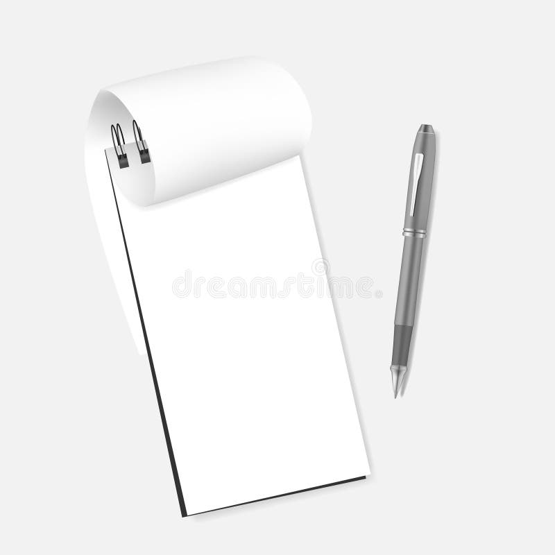 Spiral Blank Reporter Notebook with Bent Page and Pen Realistic Mockup ...