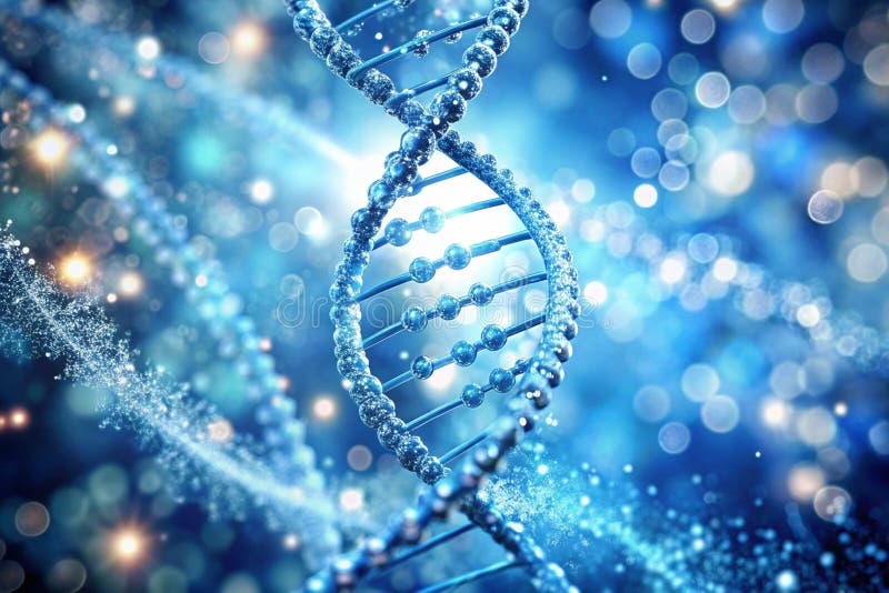 Spiral of Blue DNA Double Helix with Bokeh and Bubbles on Blue ...