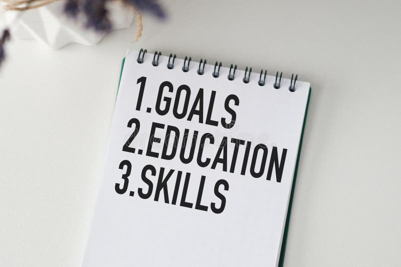 A Spiral Bound Notebook with the Words Goals, Education, Skills Stock ...