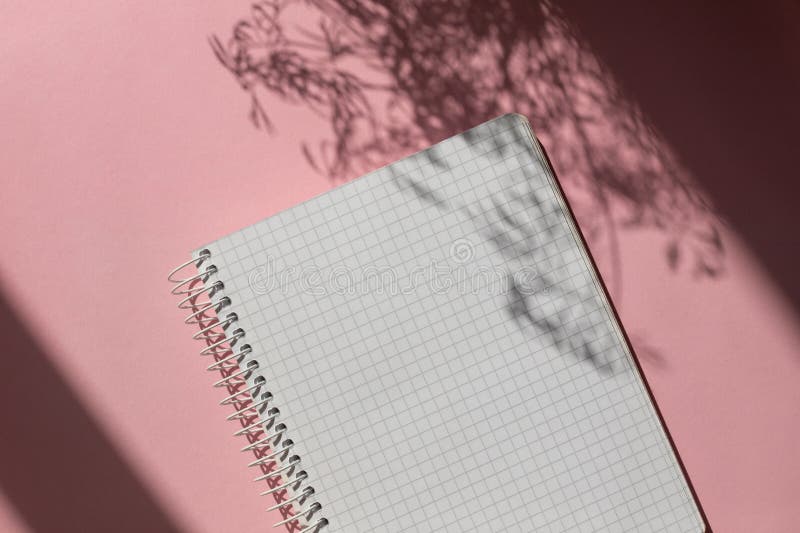 Spiral Checkered White Paper Notepad on the Pink Table with Leaves ...