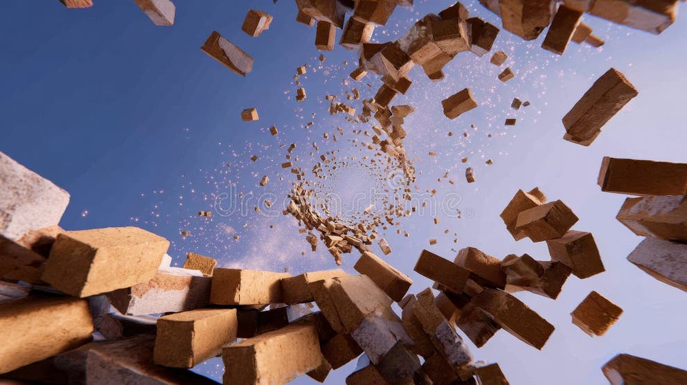 Spiral of Floating Bricks Against Blue Sky with Sparkling Particles Stock Image - Image of ...