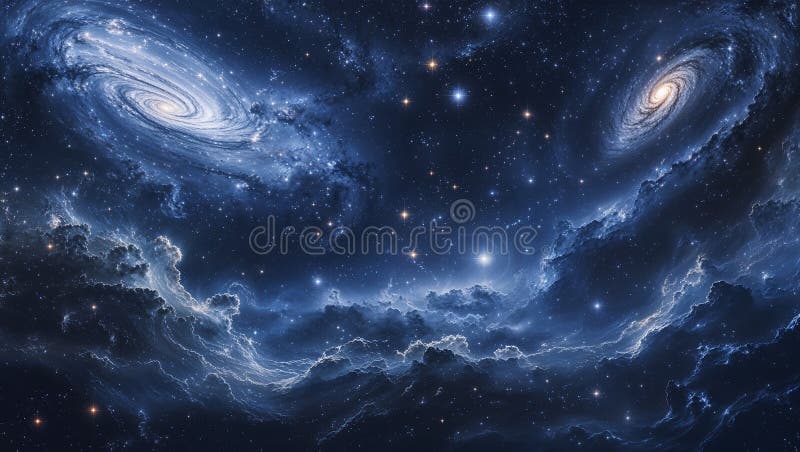 Spiral Galaxies Shining Over Interstellar Clouds in Deep Space Stock ...