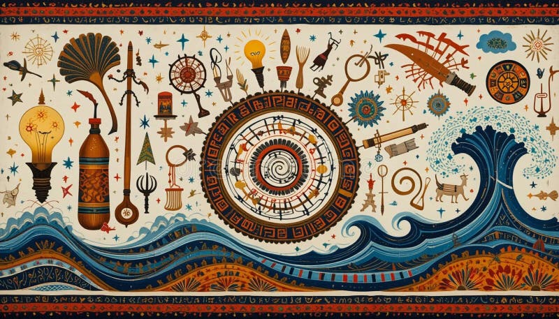 Spiral of Innovation – a Folk Collage of Time and Creativity Stock ...