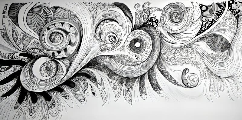 A Spiral Interwoven with Geometric Patterns, Graphite Drawing, Abstract ...