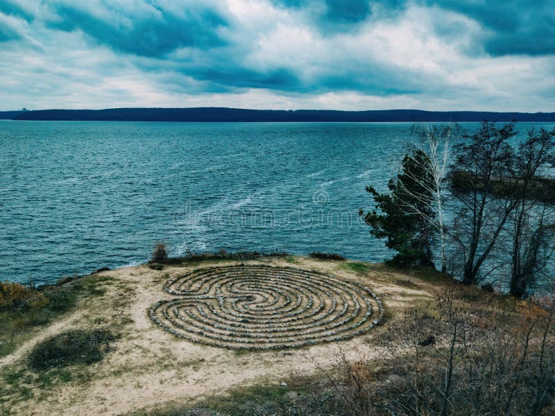 Spiral Labyrinth Made of Stones on the Coast, Aerial View Stock Image ...