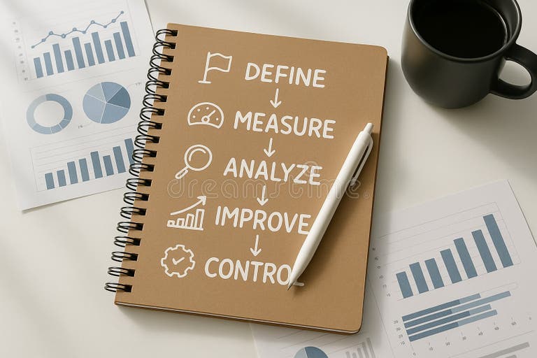 Spiral Notebook with Hand-drawn Six Sigma DMAIC Workflow Steps Define ...