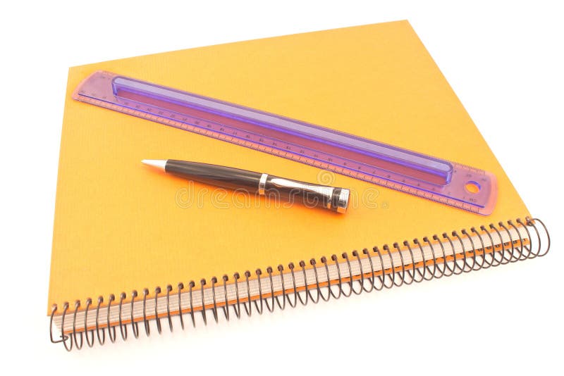 Spiral Notebook, Pen and School Ruler Isolated Stock Image - Image of ...