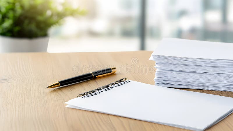 Spiral Notebook, Pen and Stack of Papers on Wooden Desk, Perfect for ...