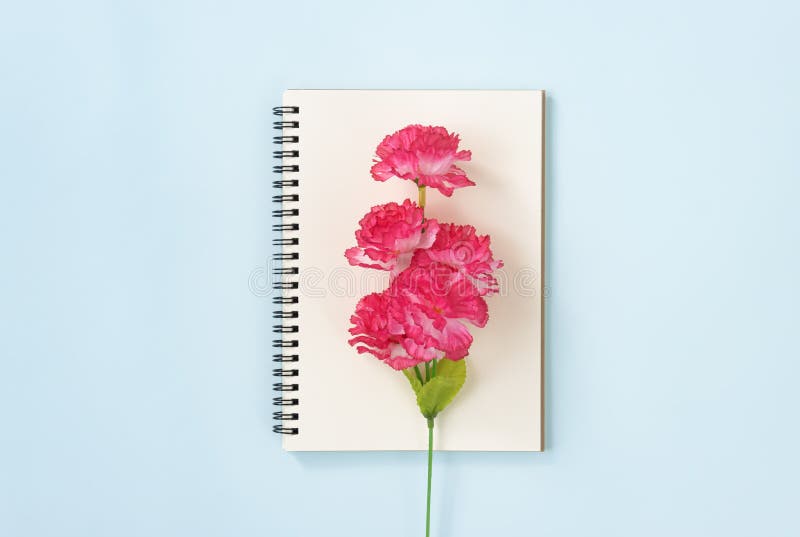 Spiral Notebook and Red Flower at Center on Pastel Minimalist ...
