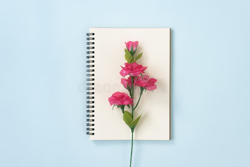 Spiral Notebook and Rose Flower at Center on Pastel Minimalist ...