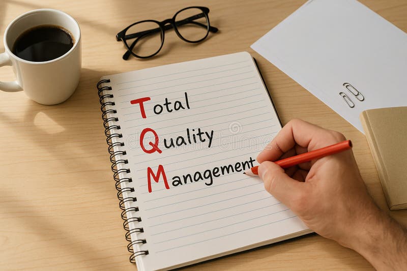 Spiral Notebook Showing Hand Writing TQM Total Quality Management in Red and Black Ink ...