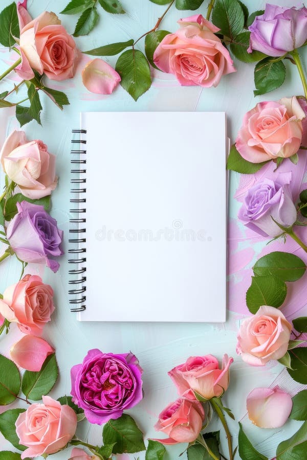Spiral Notebook Surrounded by Pink and White Roses Stock Image - Image ...