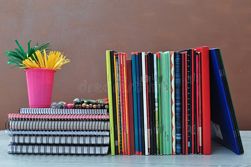 Stack Of Spiral Notebooks On Wooden Background. Stock Photo - Image of ...