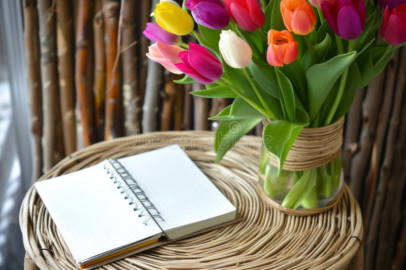 Spiral Notepad, Fresh Tulips in Vase, Willow Table Stock Image - Image ...