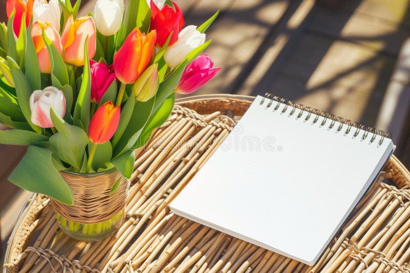 Spiral Notepad, Fresh Tulips in Vase, Willow Table Stock Image - Image ...