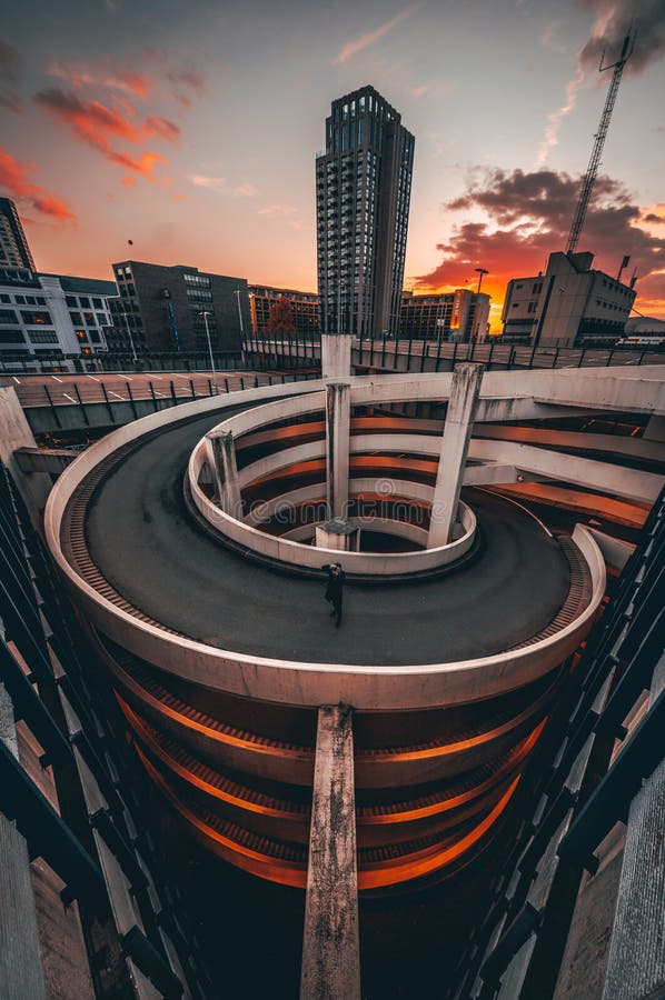 Spiral Parking Garage on the Sunset Stock Image - Image of garage ...