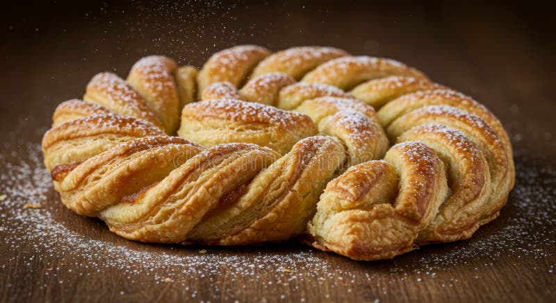 Spiral Pastry with Powdered Sugar on Wooden Background Stock ...