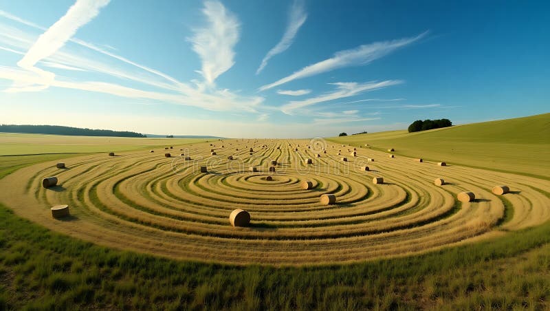 Spiral Patterns of Hay Bales Under a Clear Blue Sky in a Rural Setting ...