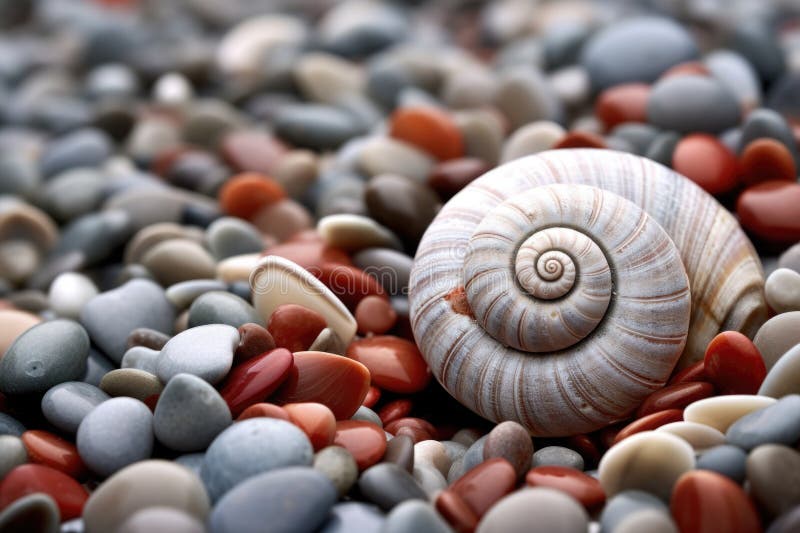 A Spiral Shell Resting on a Pile of Smooth Pebbles Stock Image - Image ...