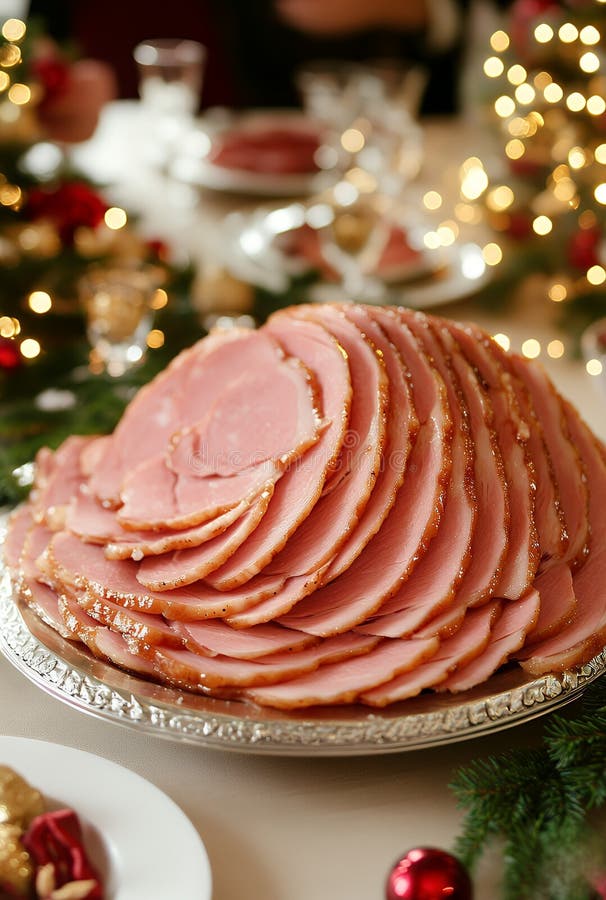 A Spiralsliced Glazed Ham Sits on a Silver Platter on a Table with ...