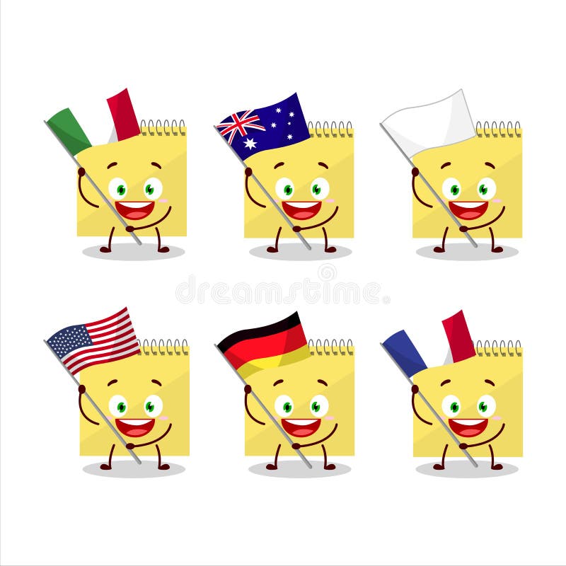 Note Book Cartoon Character Bring The Flags Of Various Countries Stock