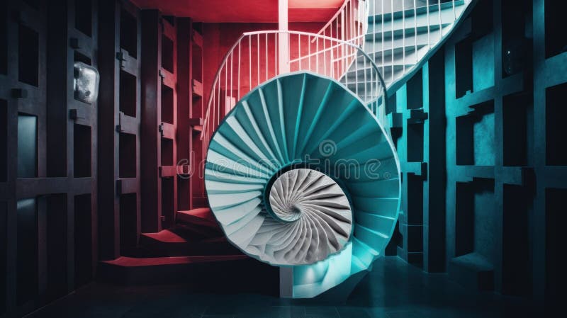 A Spiral Staircase in a Building with a Clock on the Wall. AI ...