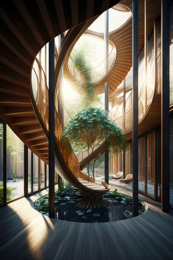 Spiral Staircase in Building with Tree Growing on Top of it. Generative ...