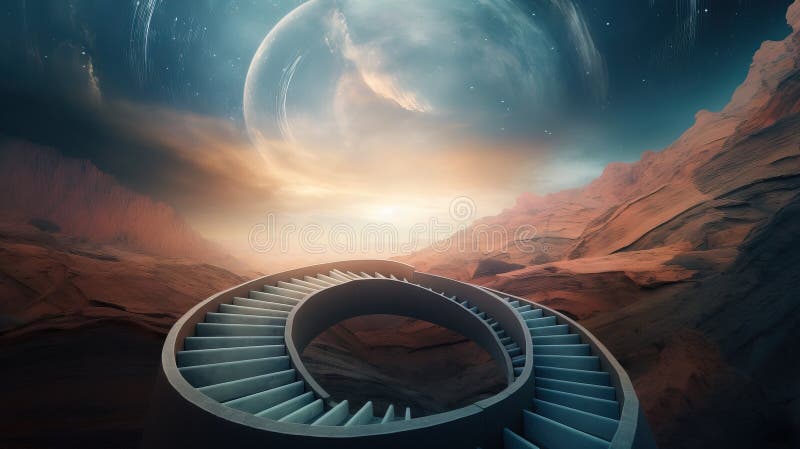 A Spiral Staircase Going Up To a Distant Object in the Sky with a ...