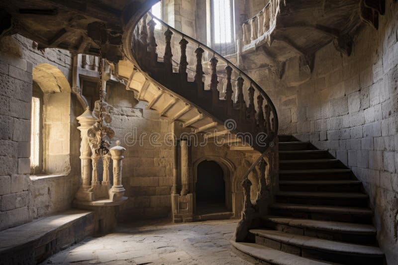 Spiral Staircase in a Historic Castle, Stone Walls Stock Illustration ...