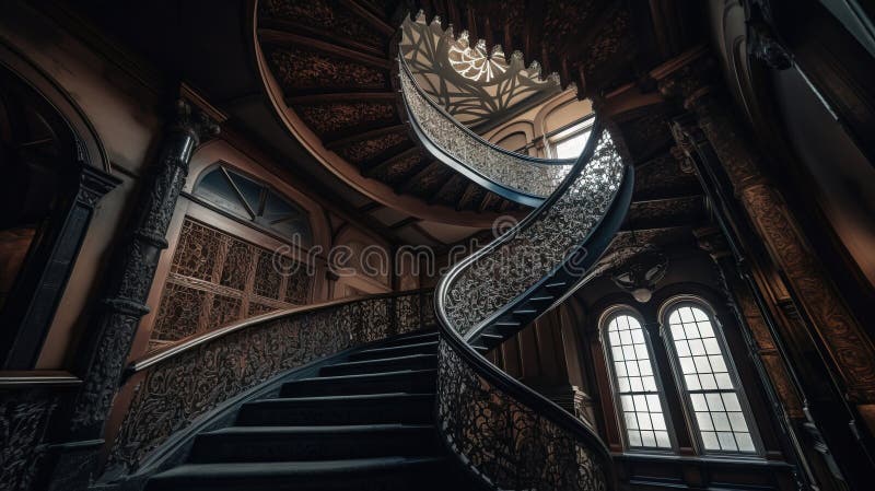 A Spiral Staircase in a Large Building with a Chandelier Hanging from ...