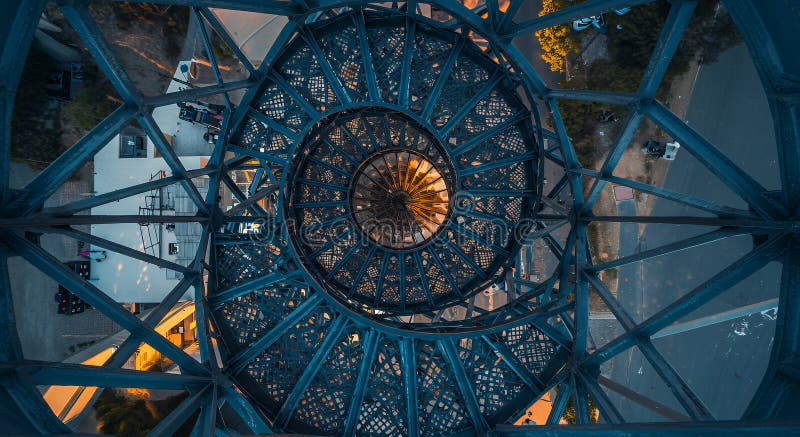 Spiral Staircase Looking Down with Urban Landscape and Metal Structure ...