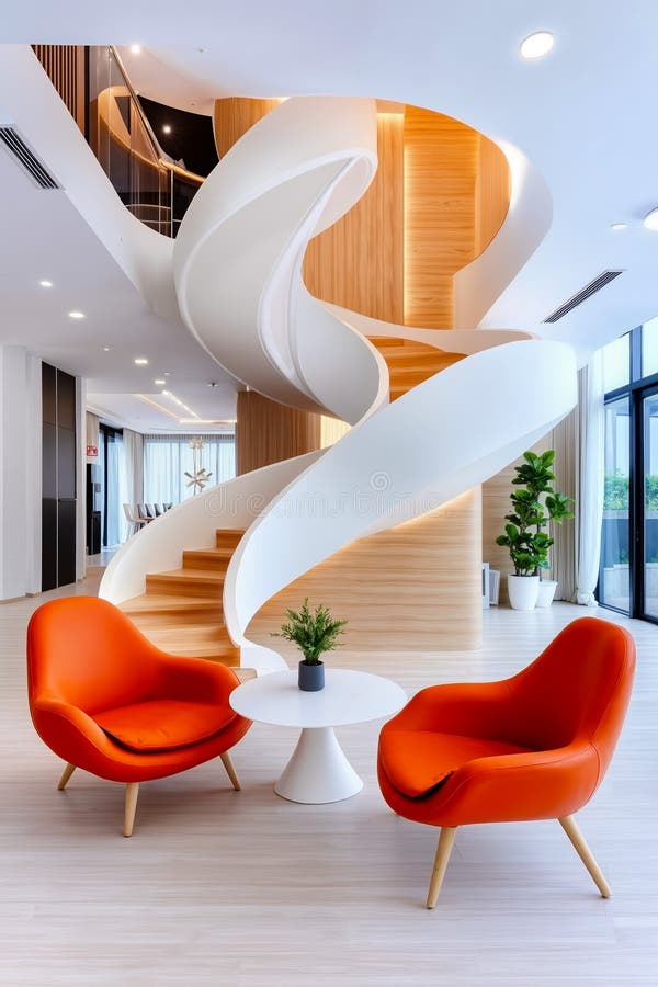 A Spiral Staircase in an Office with Two Orange Chairs and a White ...