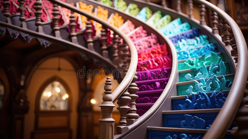 A Spiral Staircase with a Rainbow Painted Railing. Generative AI Image ...