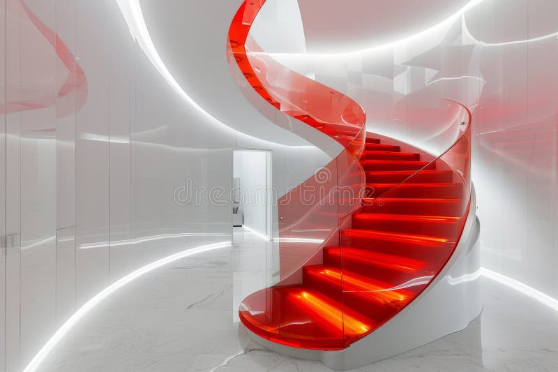 A Spiral Staircase with Red Steps and a White Background Stock Photo ...