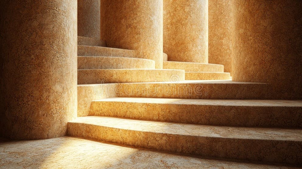 Spiral Staircase in Sandstone Columns with Warm Lighting Stock ...