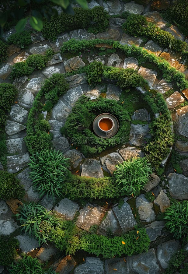 Spiral Stone Path with Lush Greenery and a Cup of Coffee at the Center ...