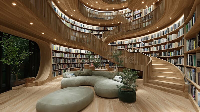 A Spiral Wooden Library with Comfortable Seating and a Serene ...