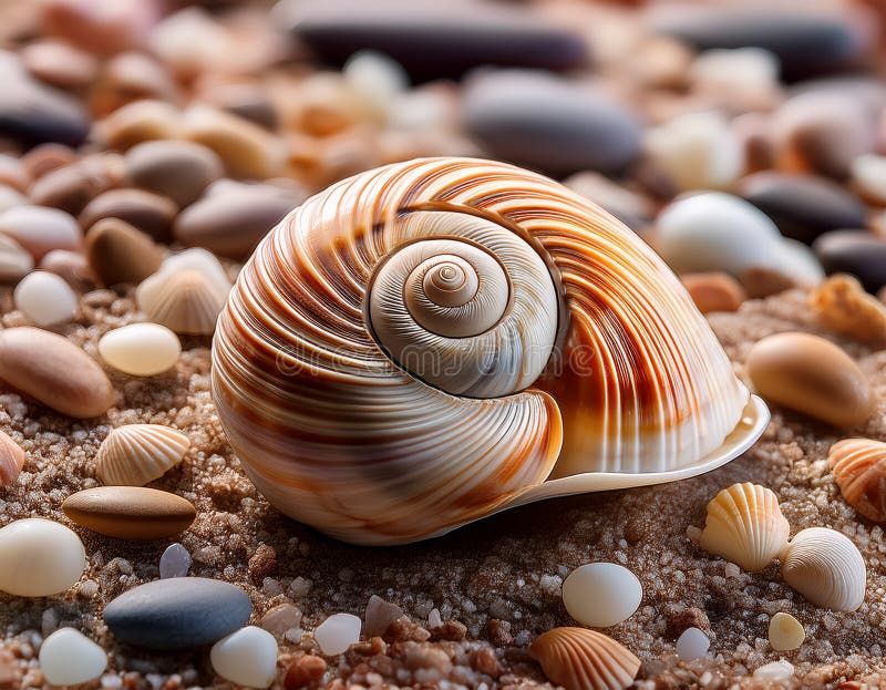A Spiraled Shell Resting Atop Coarse Sand with Tiny Scattered Pebbles ...