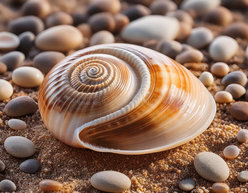 A Spiraled Shell Resting Atop Coarse Sand with Tiny Scattered Pebbles ...
