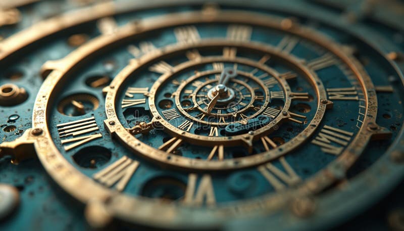 Spiraling Clock Face with Infinite Tunnel Effect. Golden Roman Numerals ...
