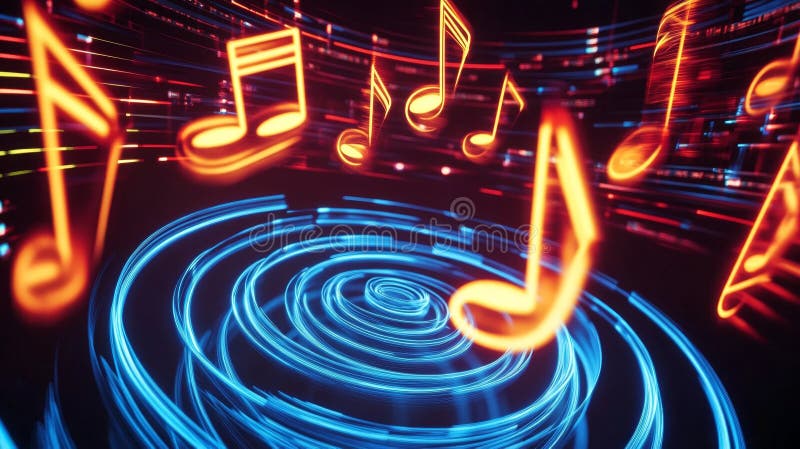 Spiraling Neon Music Notes in 3D Space Background Stock Illustration ...