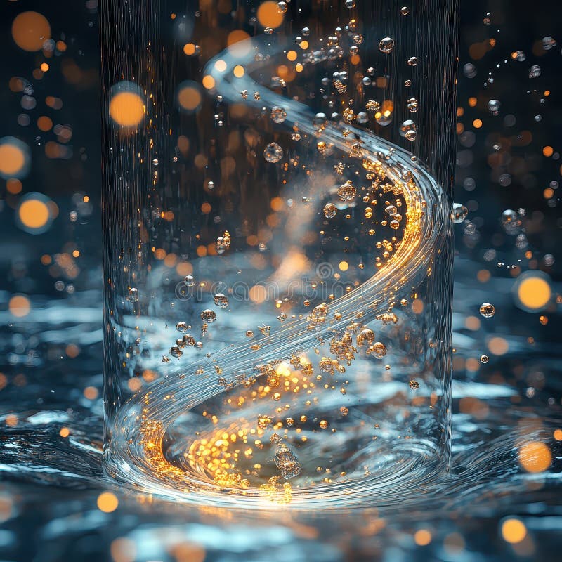 Spiraling Water with Bubbles and Light Reflections in Glass Container ...