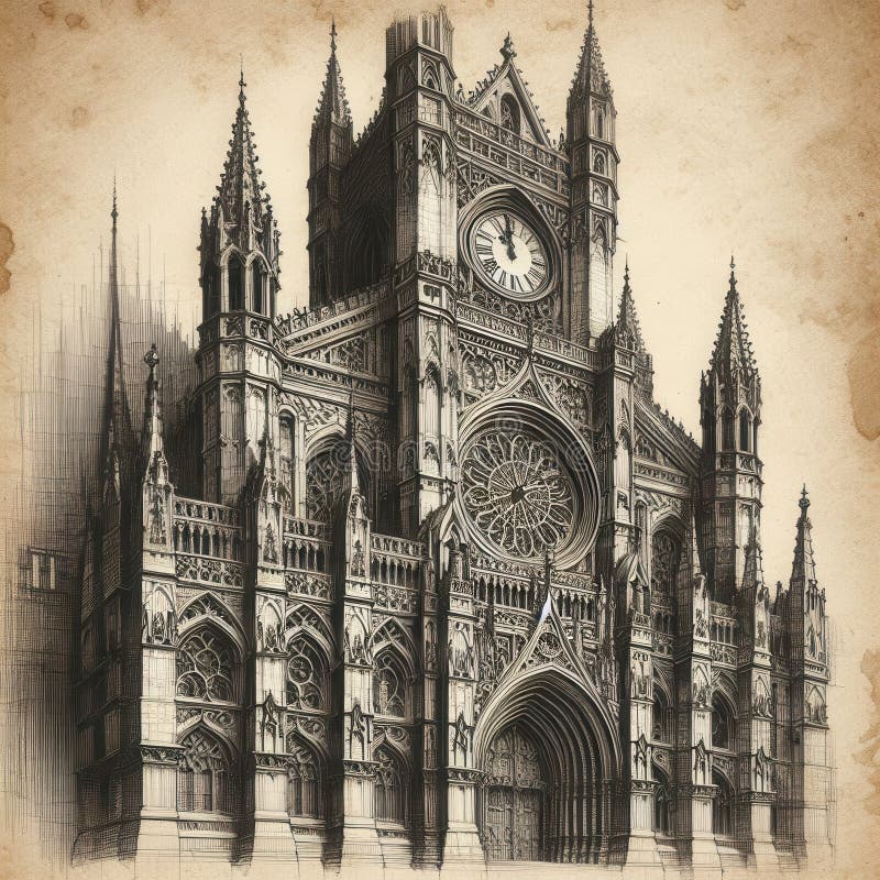 Spired Clock Tower with Tracery and Arches Stock Illustration ...