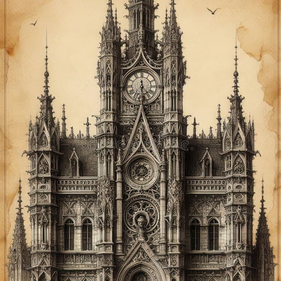 Ink Study of Medieval Timekeeping Tower Stock Illustration ...