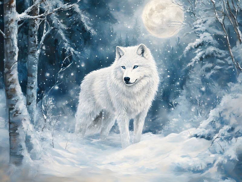 The Spirit of the White Wolf in the Moonlight Oil Painting Stock ...