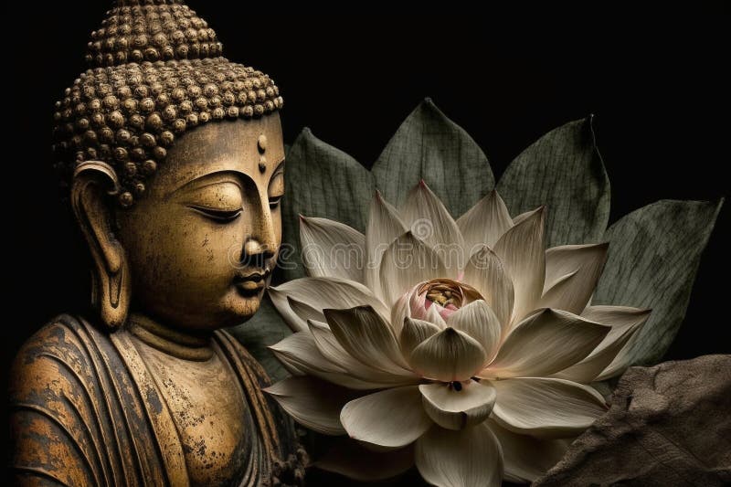 Spiritual Buddha Statue Meditating With Lotus Flower Buddhist Religion