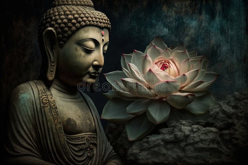 Spiritual Buddha Statue Meditating With Lotus Flower Buddhist Religion