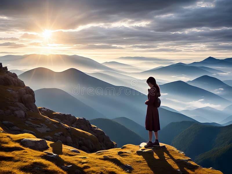 Spiritual Reflection, Image of Girl Praying on Top of Mountain with ...